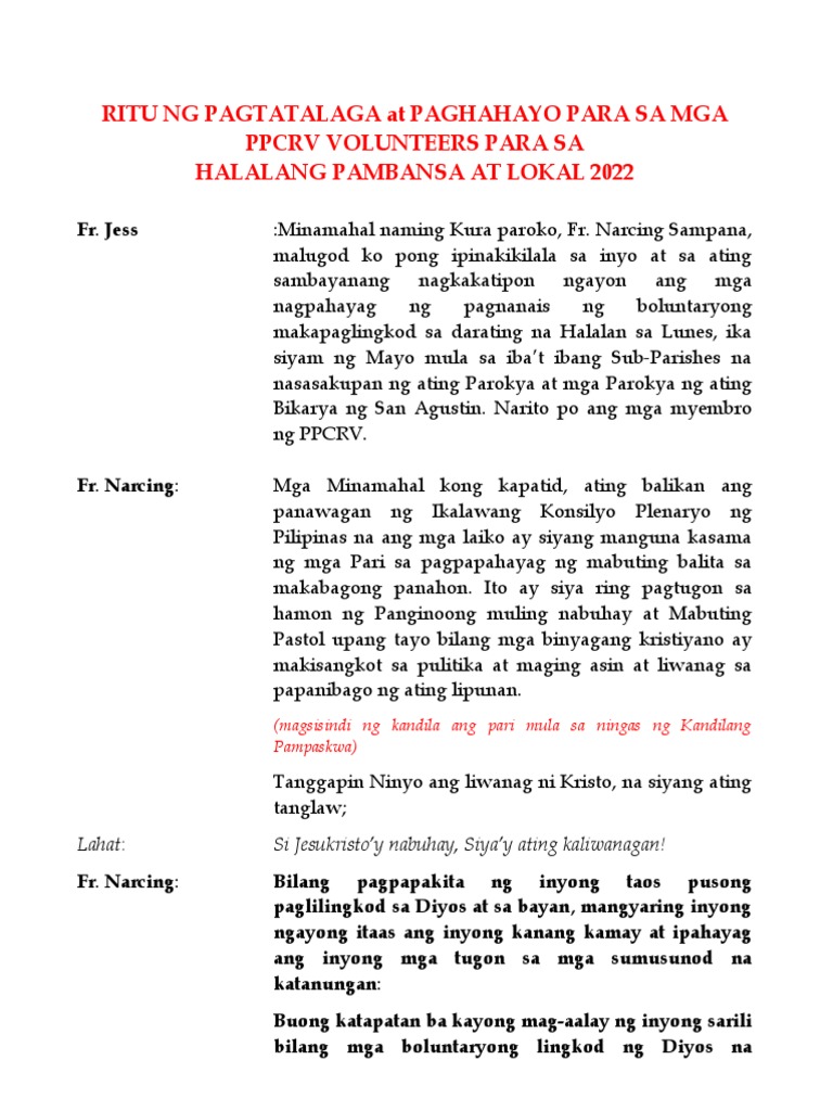 Ritu NG Paghahayo para Sa Mga PPCRV Volunteers para Sa Halalang Pambansa at Lokal 2022 | PDF