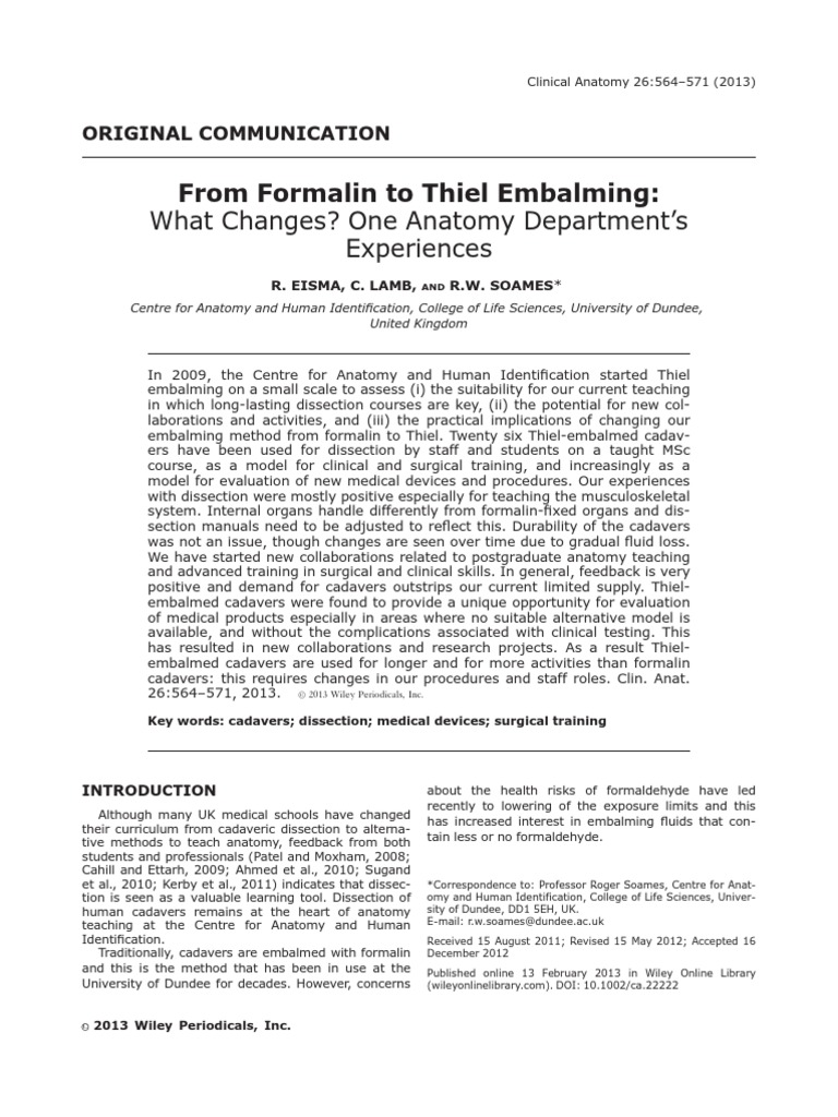 Eisma 2013. From Formalin To Thiel Embalming | PDF | Cadaver | Anatomy