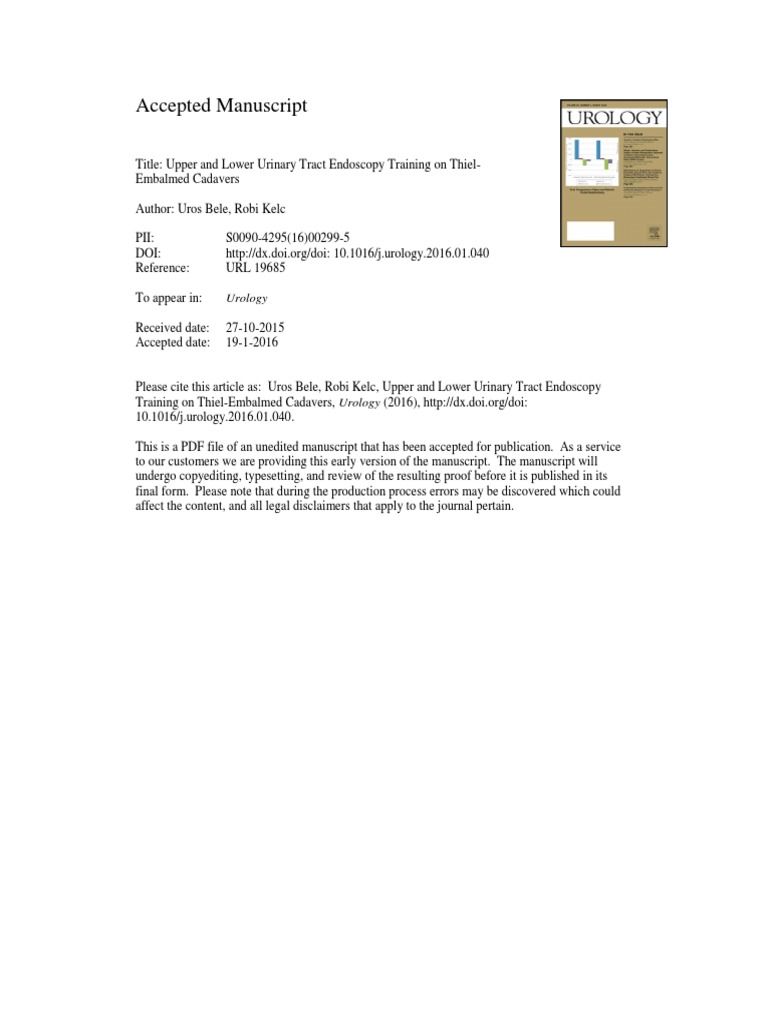 Bele 2016. Upper and Lower Urinary Tract Endoscopy Training On Thiel ...