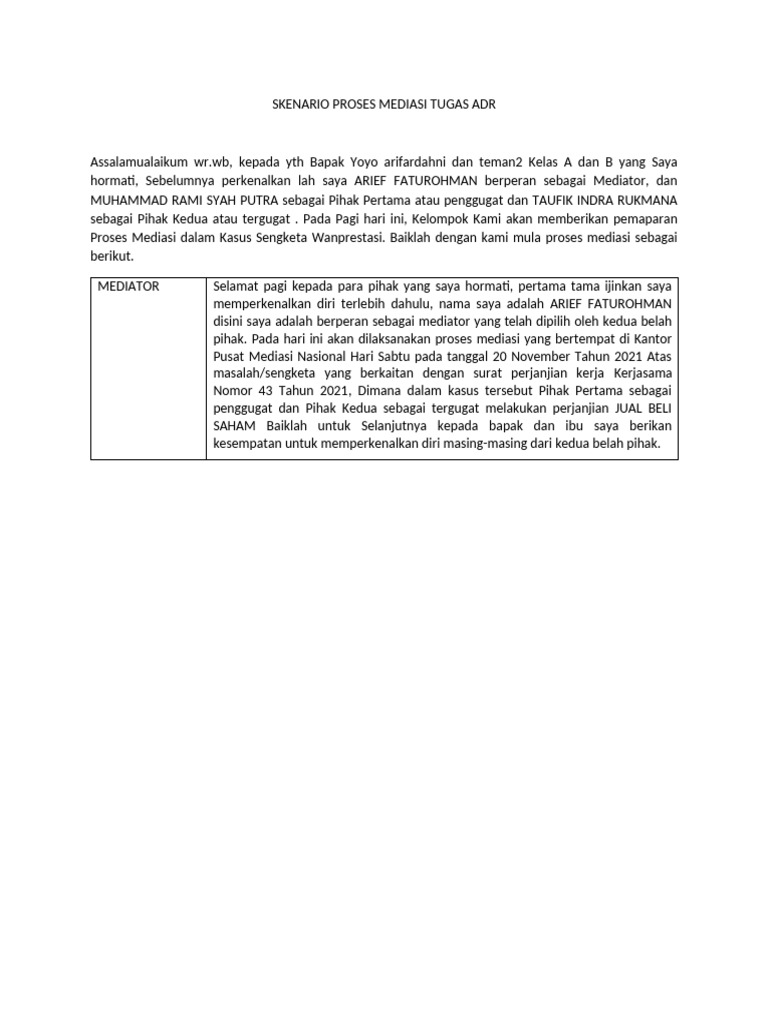 Proses Mediasi Sengketa Wanprestasi | PDF