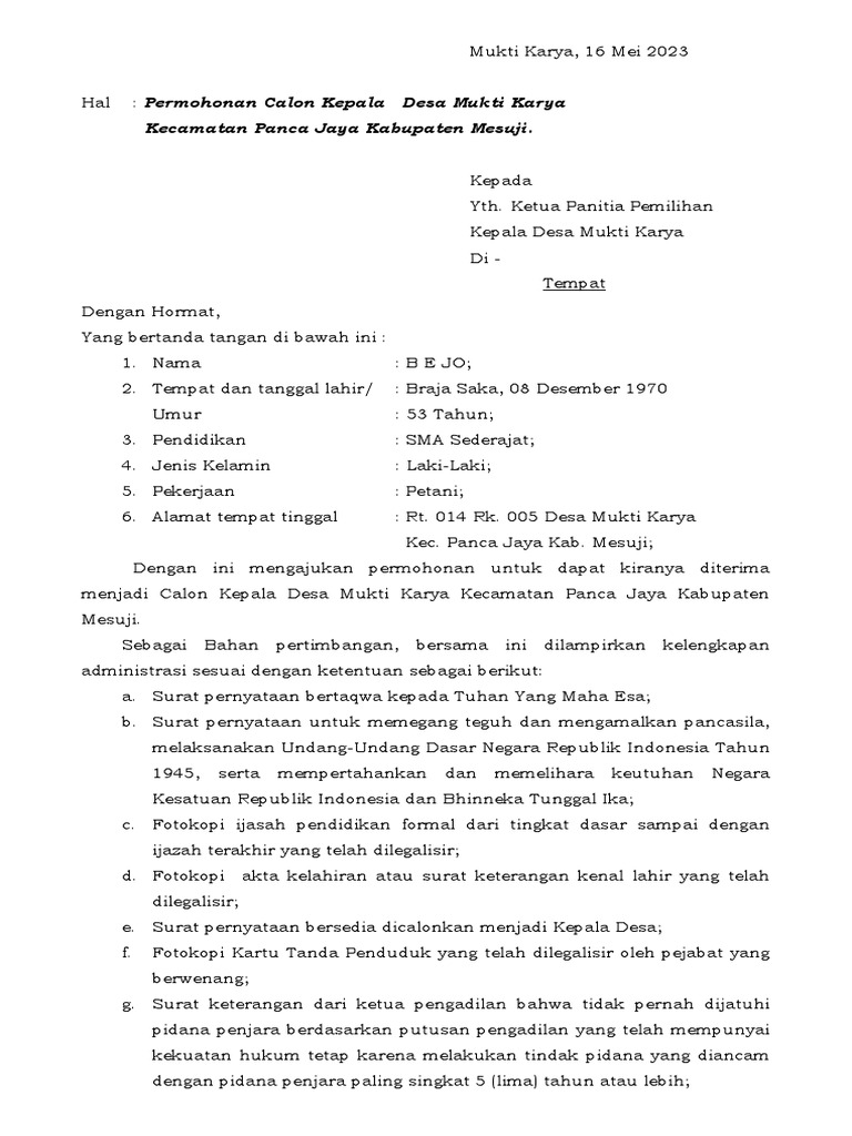 Permohonan Calon Kepala Desa Mukti Karya | PDF