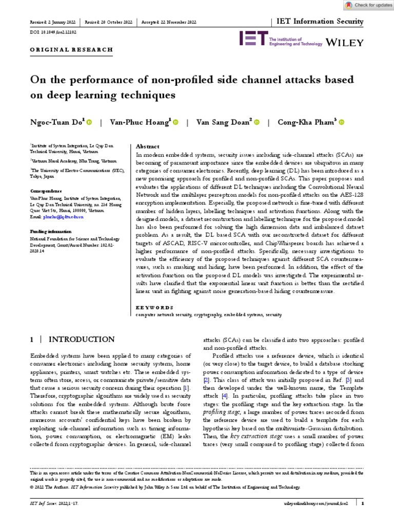 On the performance of non‐profiled side channel attacks based on deep learning | PDF