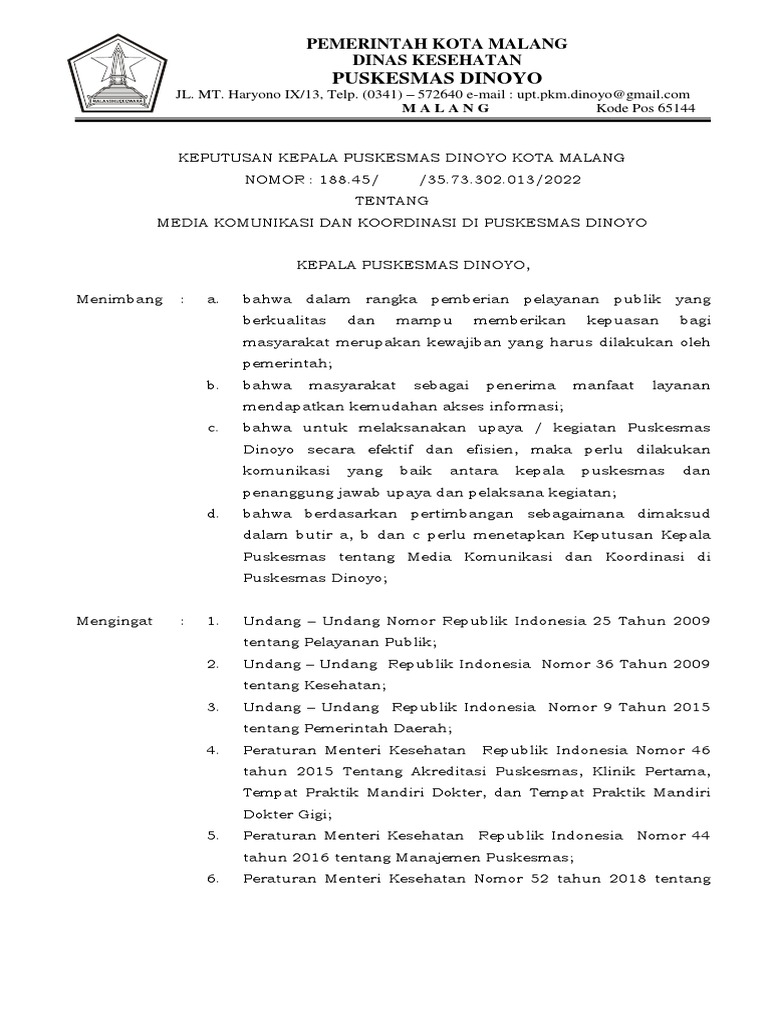 b. Sk Kepala Puskesmas Tentang Media Komunikasi Dan Koordinasi | PDF