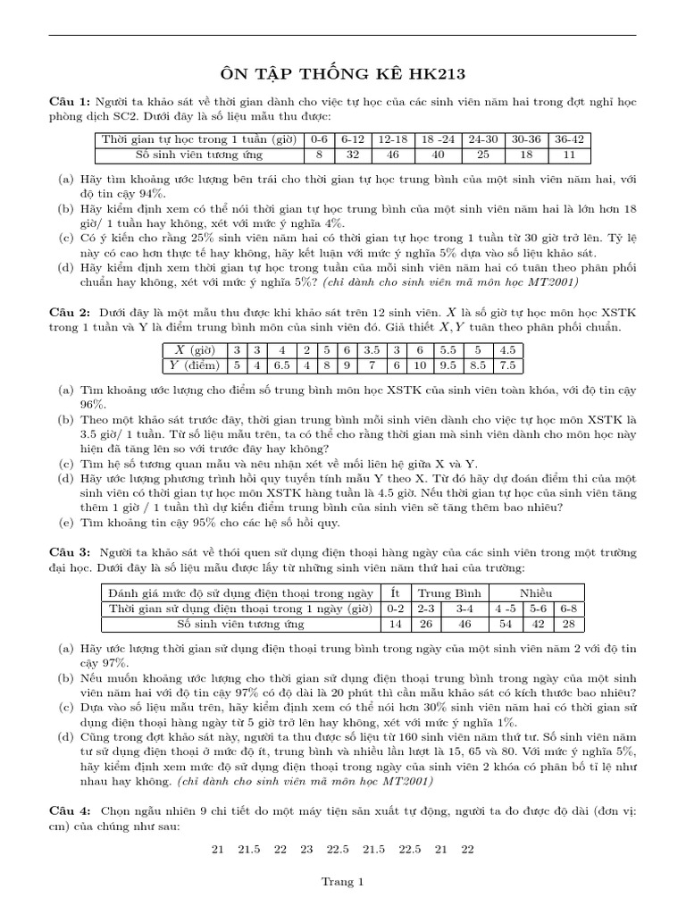 Ôn tập thống kê HK213 lần cuối | PDF