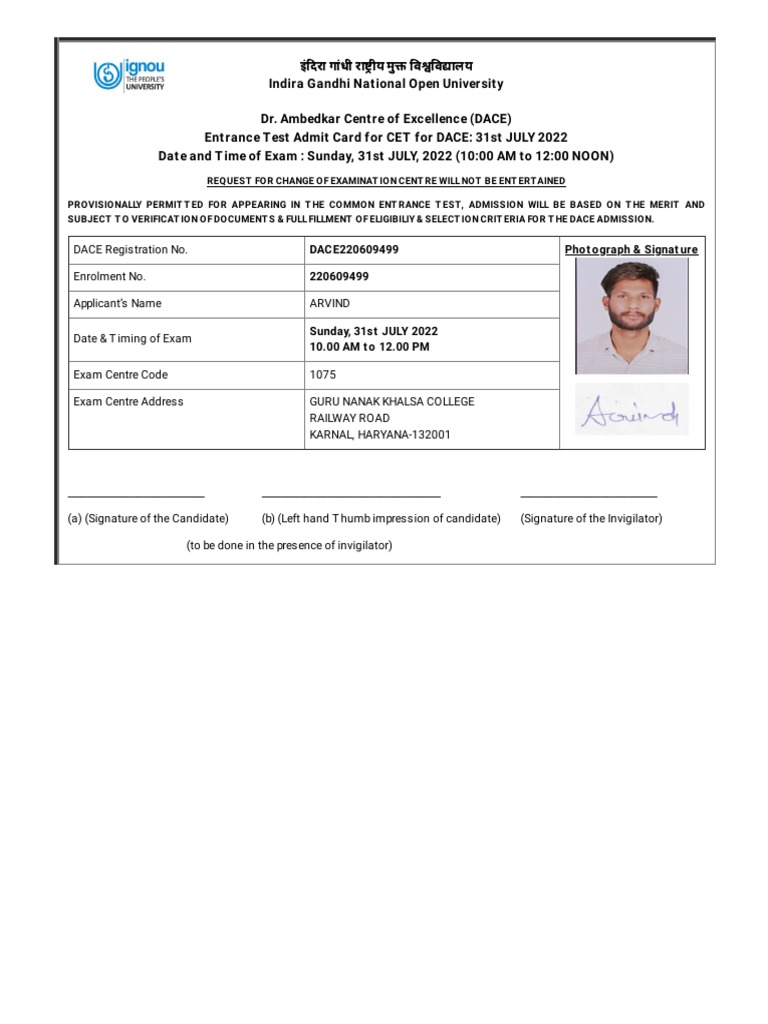 Ignou 2022 - Hall Ticket - Admit Card | PDF