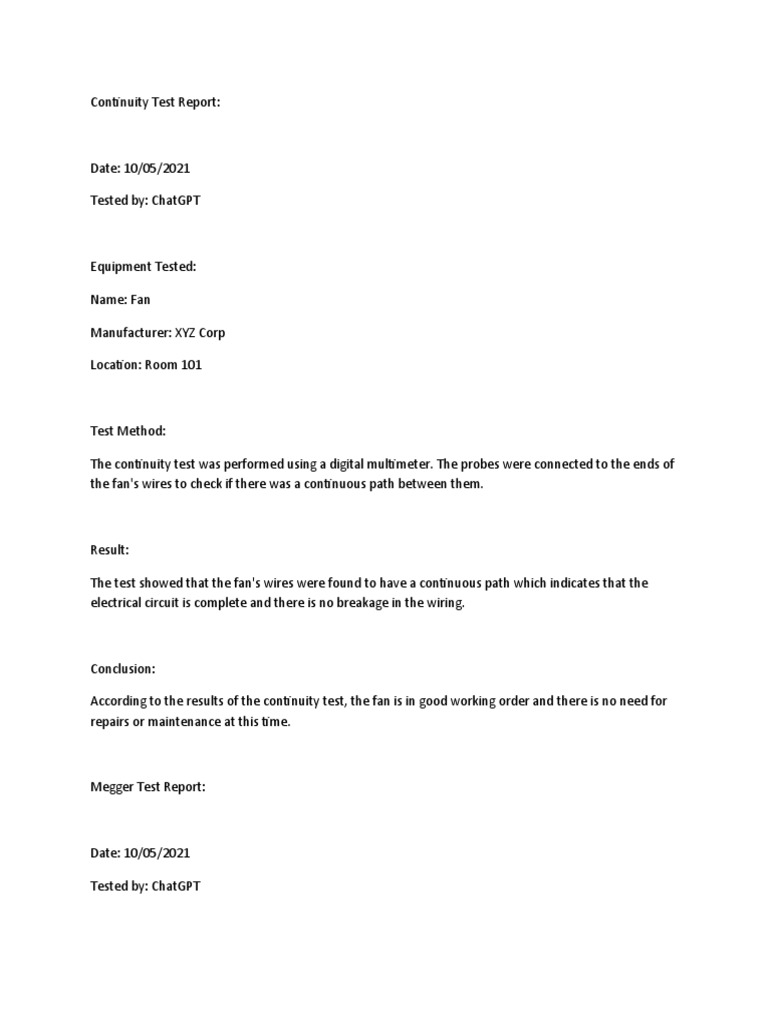 Sample Continuity and Megger Tests Report | PDF