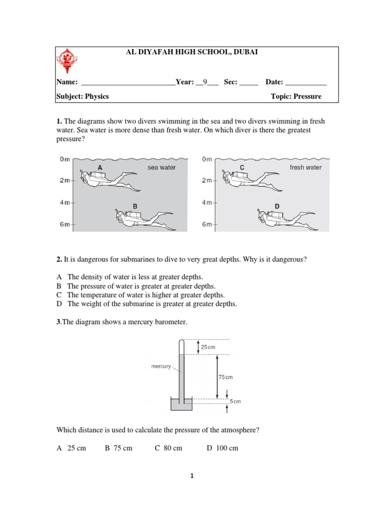 Year 9 Physics Pressure Worksheet | Download Free PDF | Pressure | Water