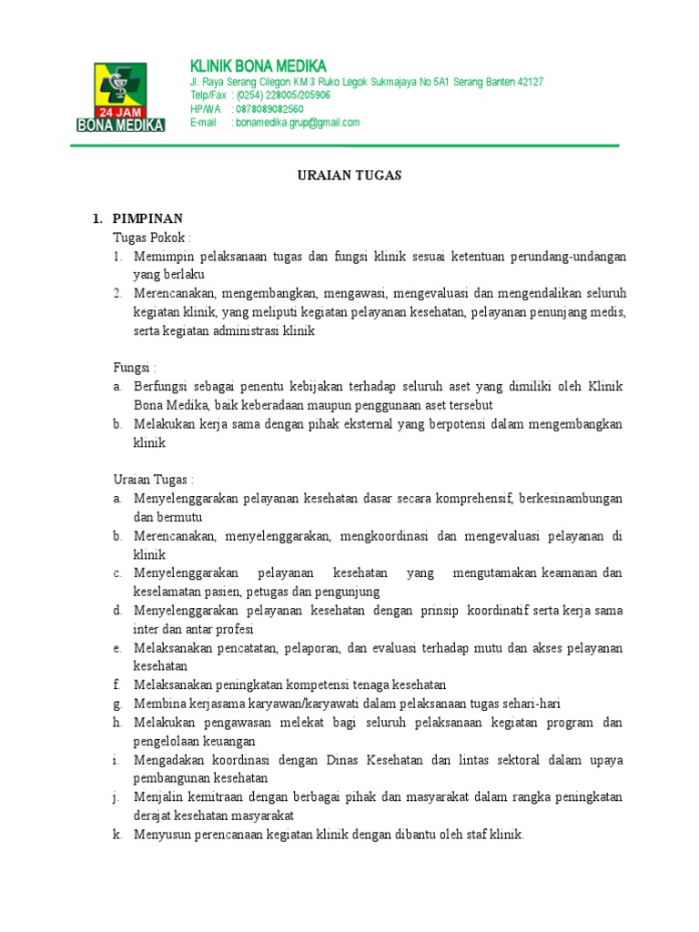 Tugas dan Fungsi Klinik Bona Medika | PDF