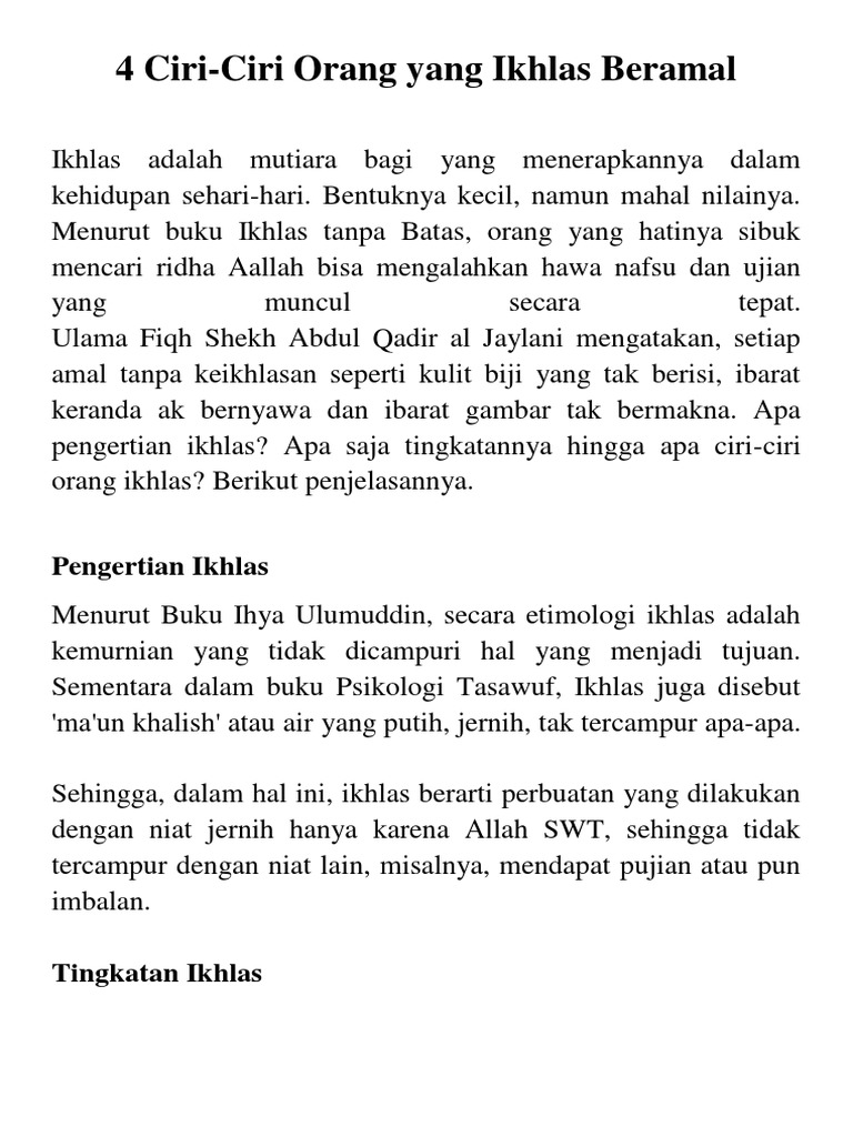 4 Ciri-Ciri Orang Yang Ikhlas Beramal | PDF