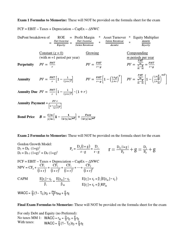 Exam Formulas To Memorize and Not Provided On Exam | Download Free PDF | Private Sector ...