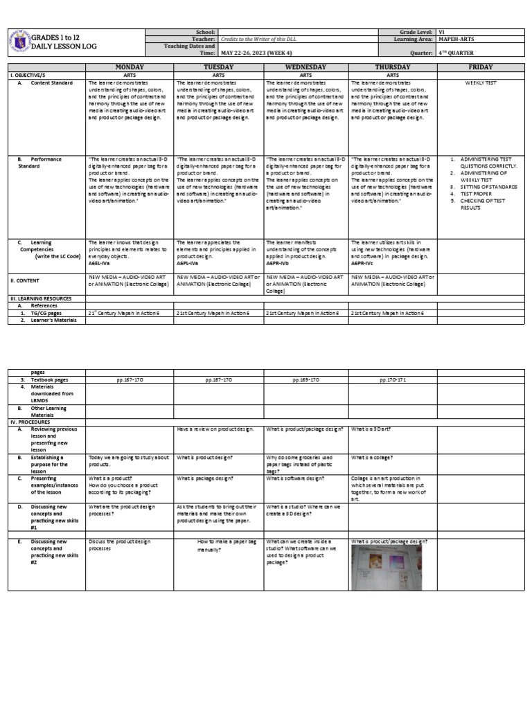 DLL - Mapeh 6 - Q4 - W4 | PDF | Learning | 3 D Computer Graphics