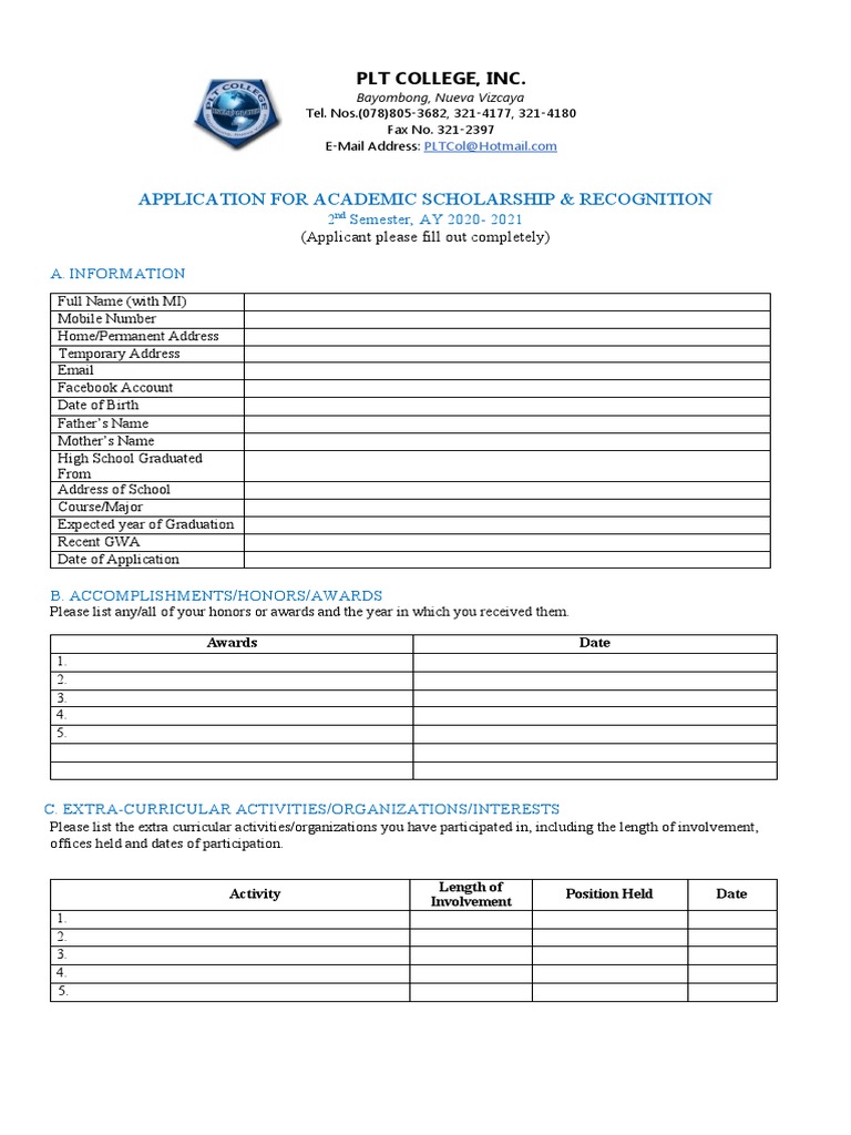 Edited Academic Scholarship Application Form 10 20 21 | PDF ...