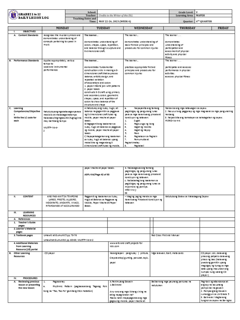 Grade 5 DLL MAPEH 5 Q4 Week 4 | PDF | Learning | Tempo
