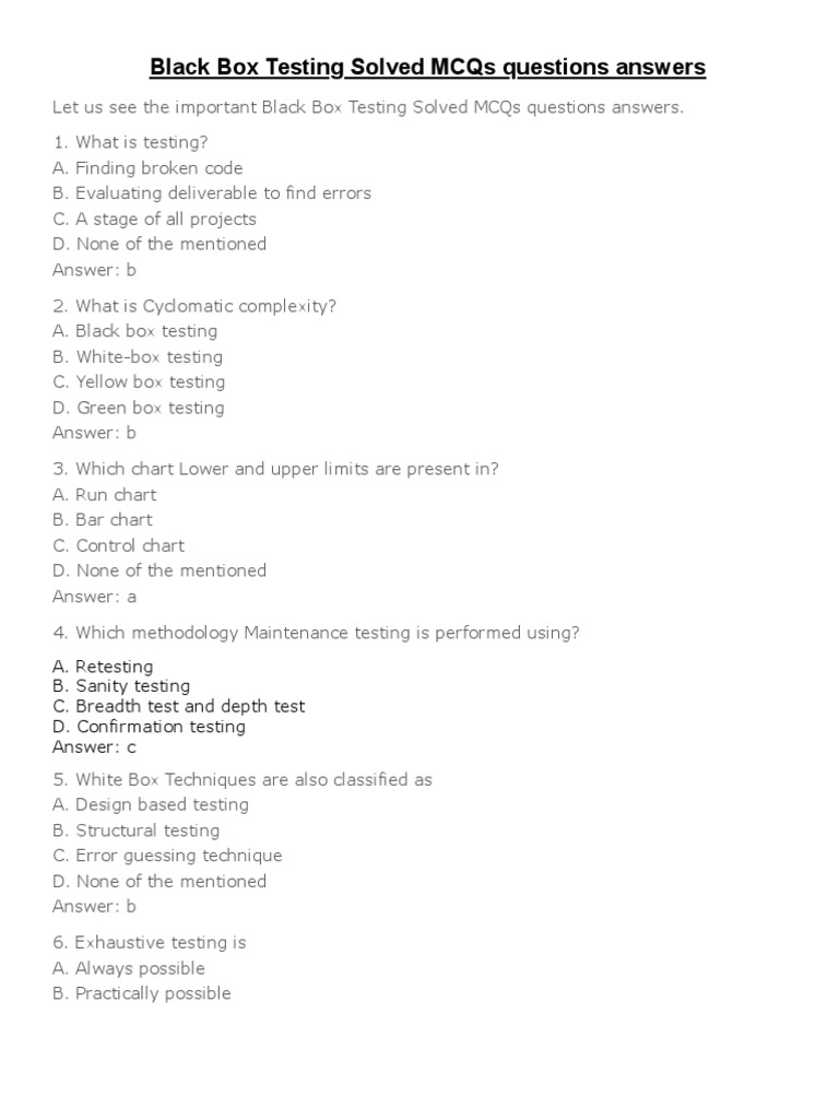 Black Box Testing Solved MCQs Questions Answers | PDF