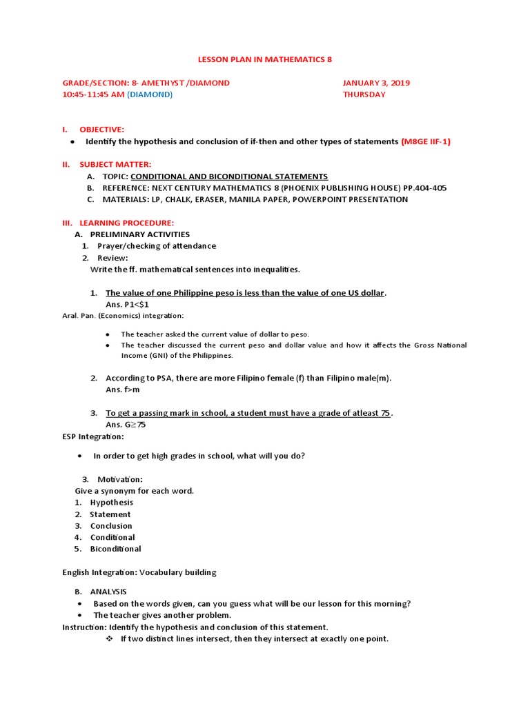 MATH 8 Lesson Plan CO | PDF | Mathematics