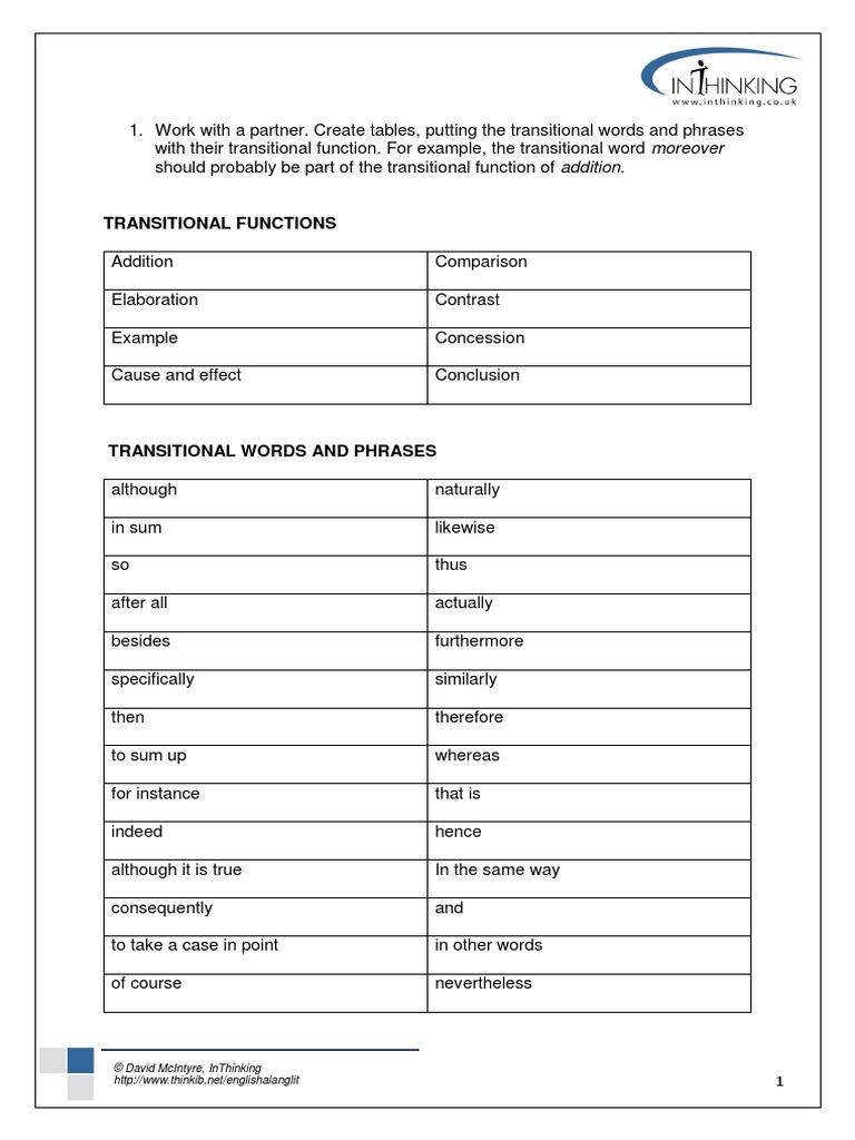 Transitional Words and Phrases I | PDF | Cognitive Science | Linguistics