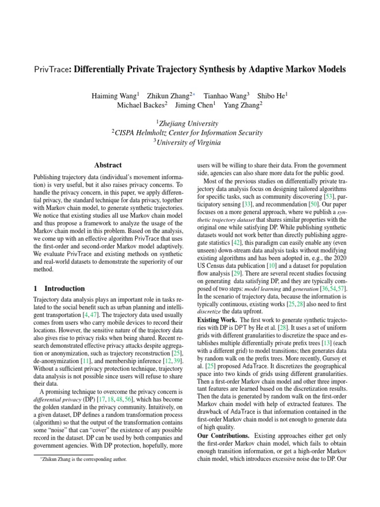 PrivTrace Differentially Private Trajectory Synthesis by Adaptive Markov Models | PDF | Markov ...