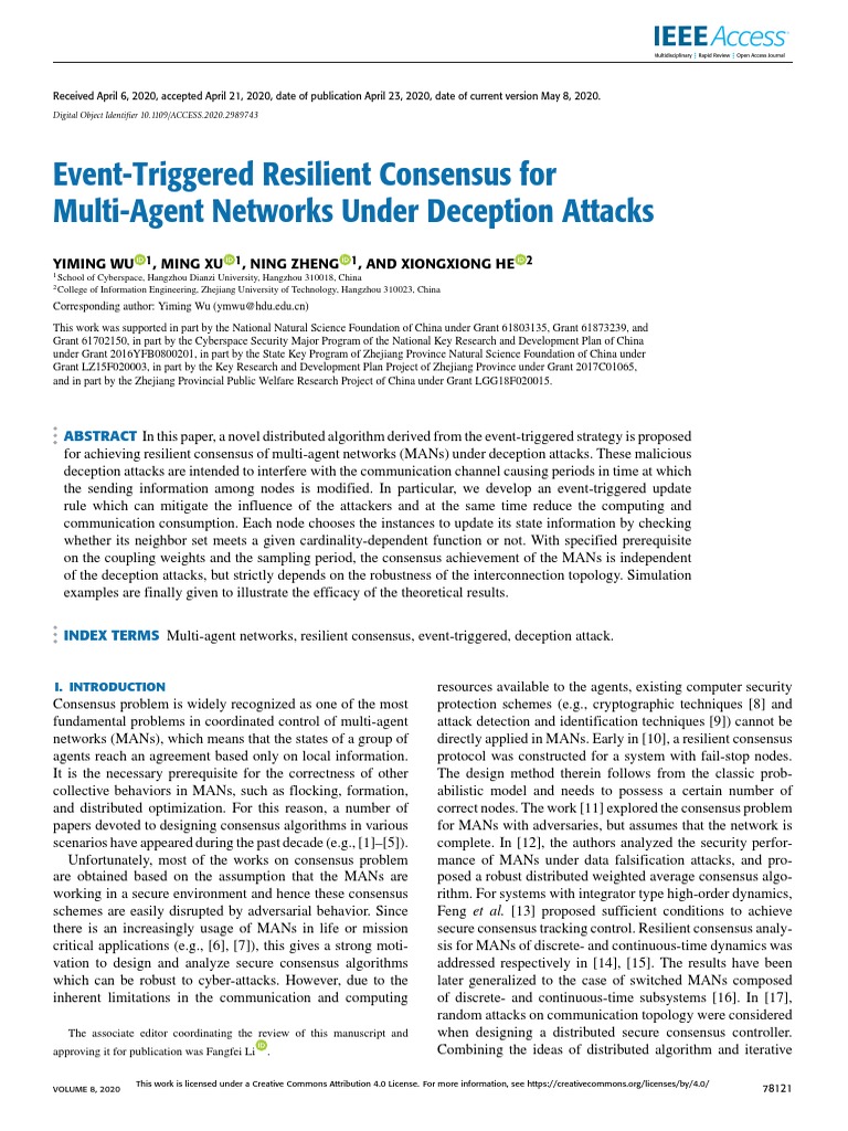 Event-Triggered Resilient Consensus For Multi-Agent Networks Under Deception Attacks | PDF