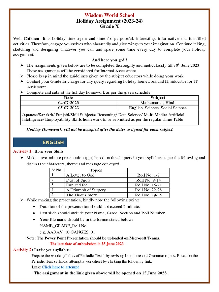 Grade 10 Holiday Assignment 2023-24 | PDF | Sustainability | Developing ...