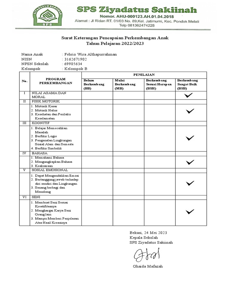 Surat Keterangan Pencapaian Perkembangan - Copy | PDF