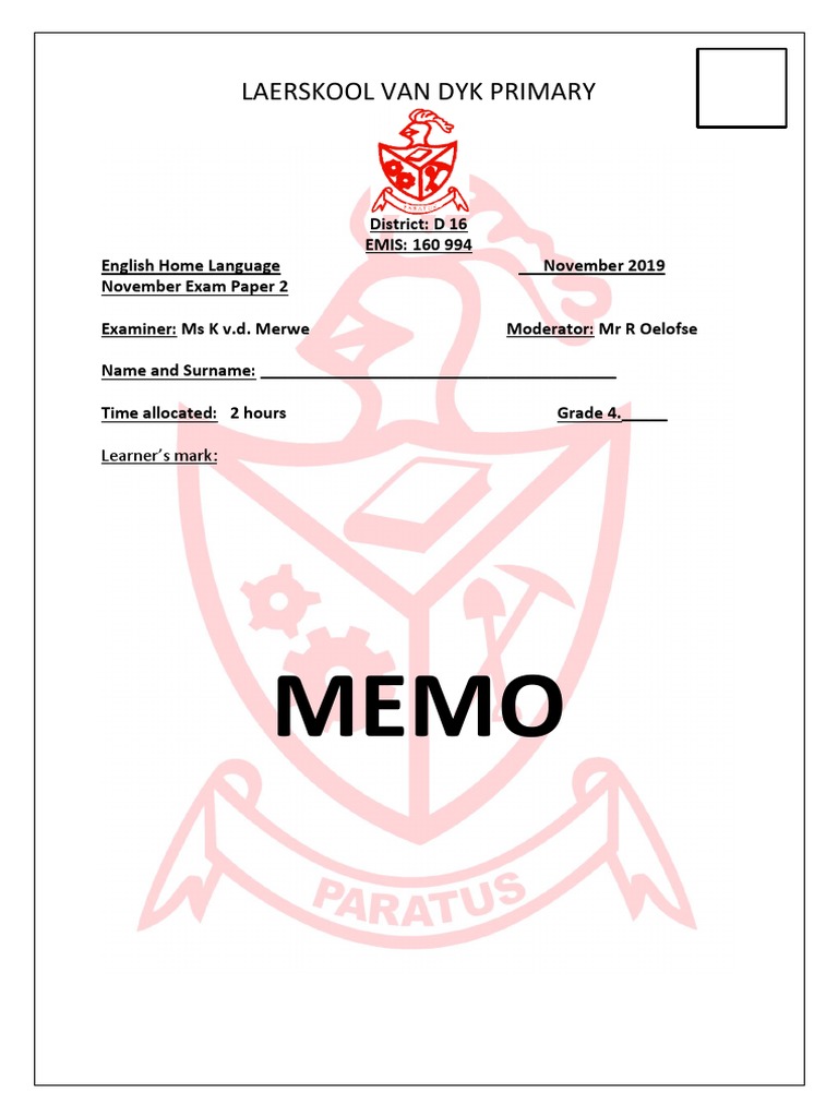 2019 November Exam Paper 2 MEMO | PDF