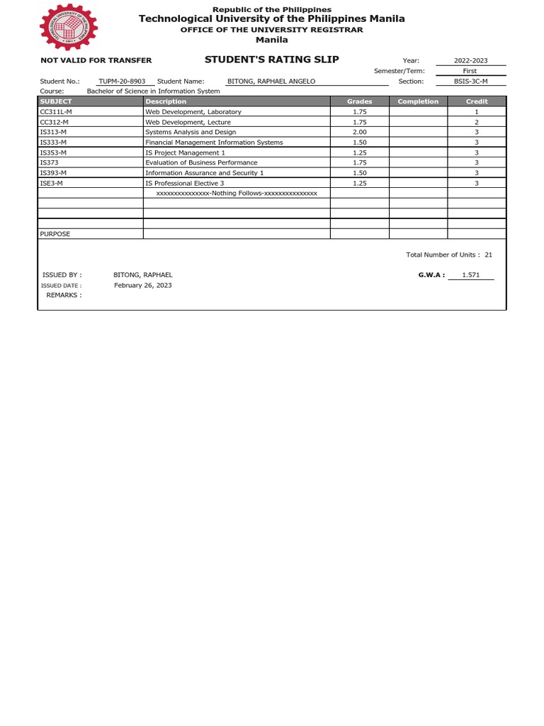 Rating Slip Main - PHP | PDF