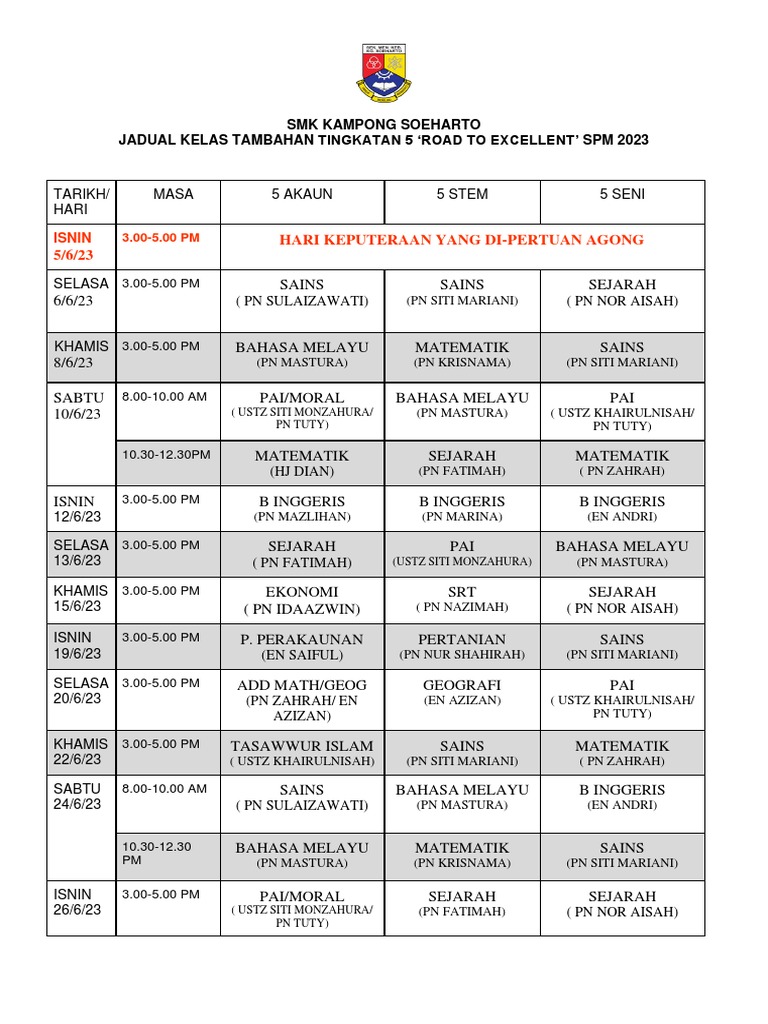 Jadual Kelas Tambahan SPM 2023 Jun - Julai | PDF