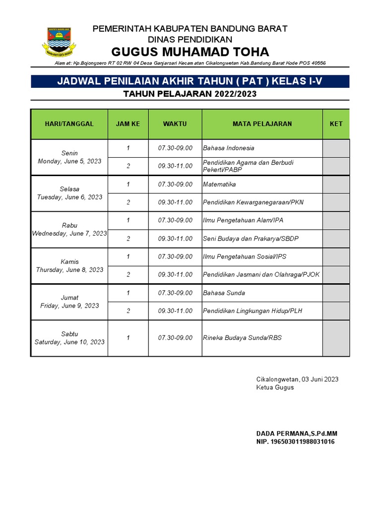 Jadwal Pat Kelas 1-5 | PDF