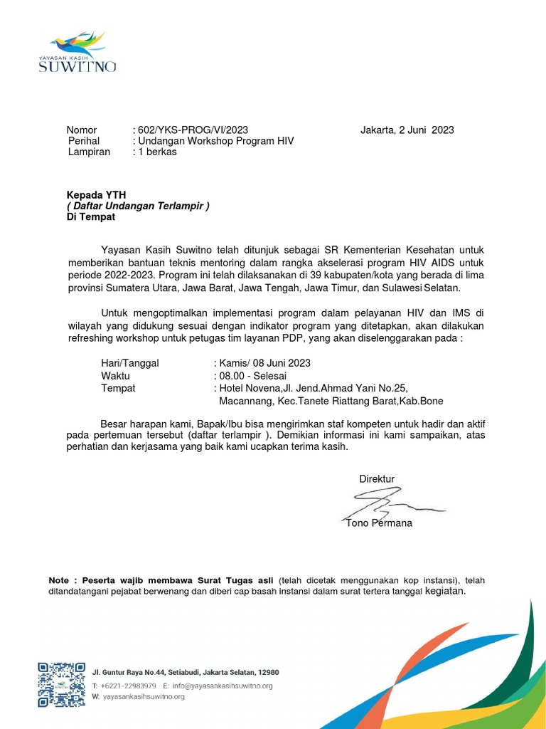 Surat Undangan Peserta Workshop Program HIV - H.5 Kab - Bone 08 Juni 2023 | PDF