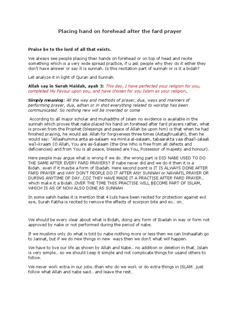 Placing Hand On Forehead After The Fard Prayer | PDF | Monotheism | Prayer