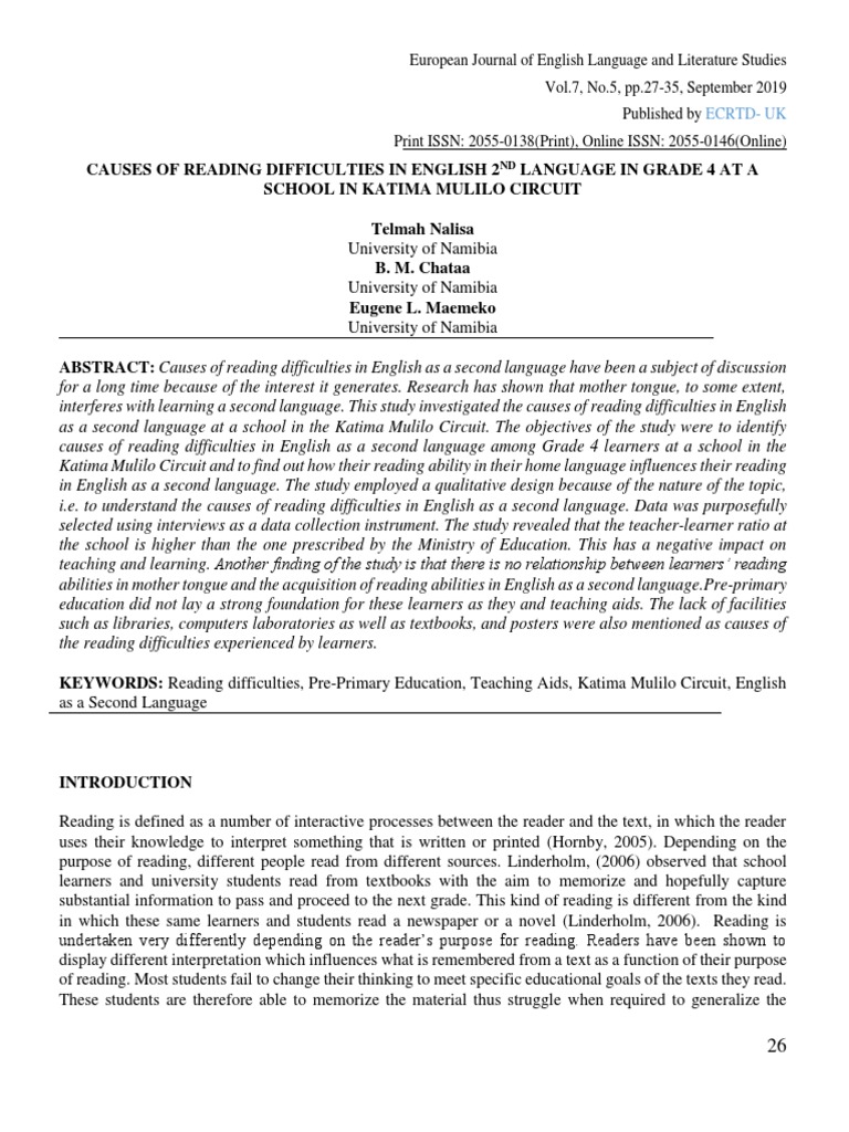 Causes of Reading Difficulties in ESL | PDF | Second Language ...