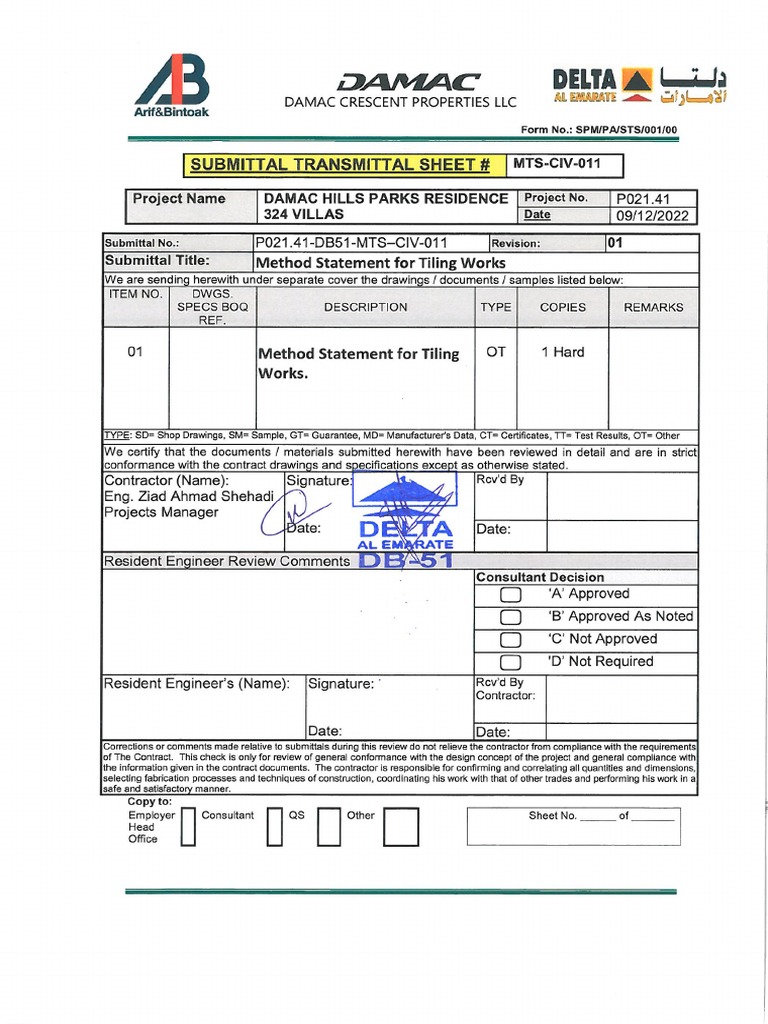 P021.41 DB51 MTS CIV 011 Rev01 Method Statement For Tiling Works | PDF