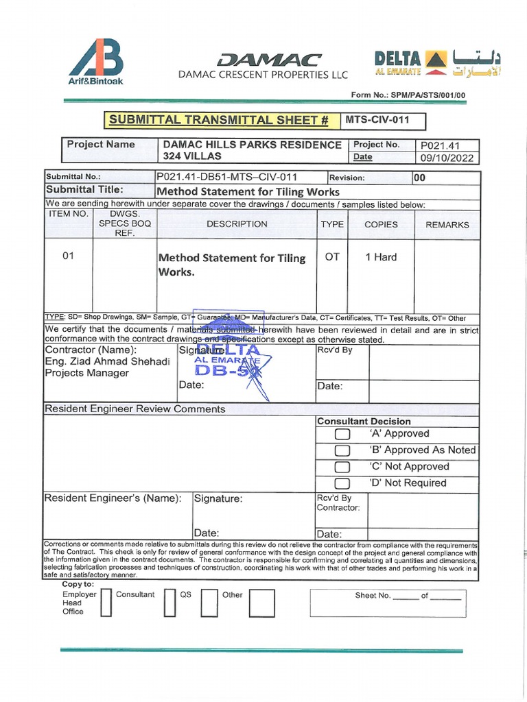 P021.41-DB51-MTS-CIV-011-Rev00 - Method Statement For Tiling Works | PDF