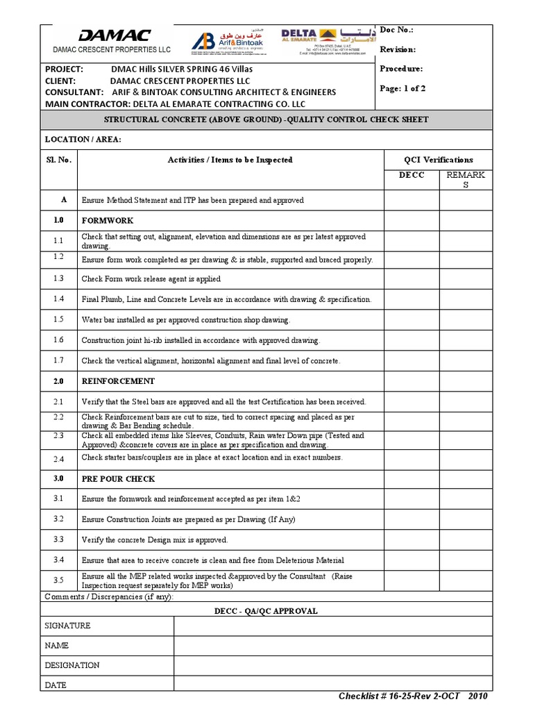 Quality Control Checklist for Concrete | PDF | Technology & Engineering