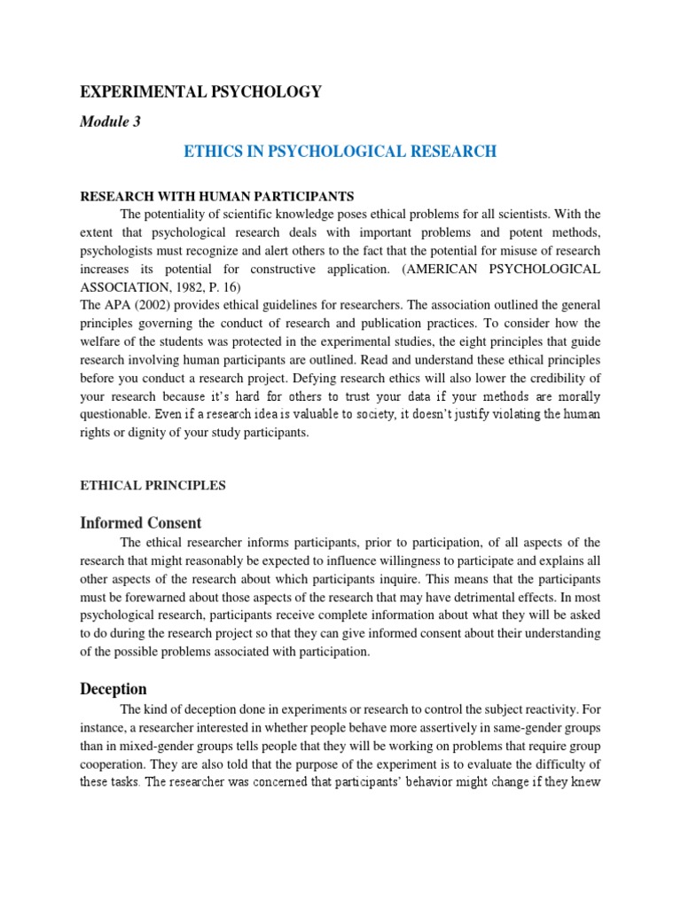 MODULE.3.ETHICS-IN-PSYCHOLOGICAL-RESEARCH | PDF | Psychology | American ...