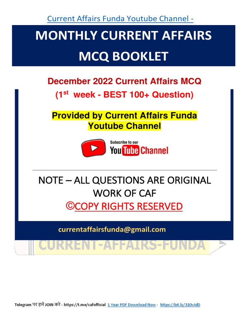 Monthly Current Affairs MCQ Booklet: Note - All Questions Are Original ...