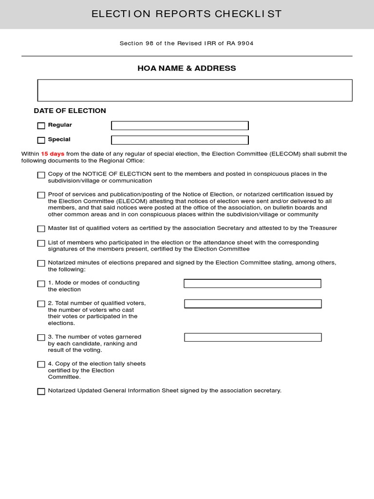 Election Report Checklist | PDF | Voting | Elections