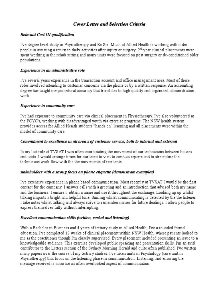 Selection Criteria Cover Letter | PDF