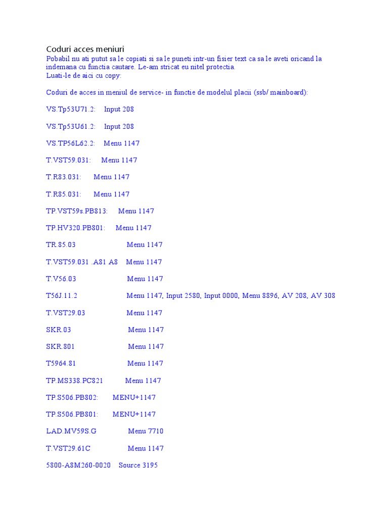 Coduri Acces Meniuri | PDF | Scientific Techniques | Information And Communications Technology