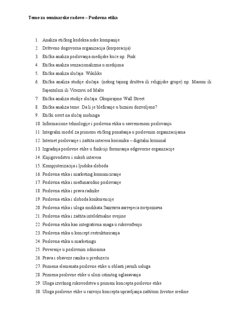 Teme Za Seminarske Radove-Poslovna Etika | PDF