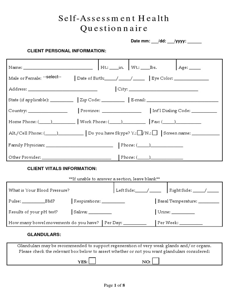 Self Assessment Health Questionnaire | PDF