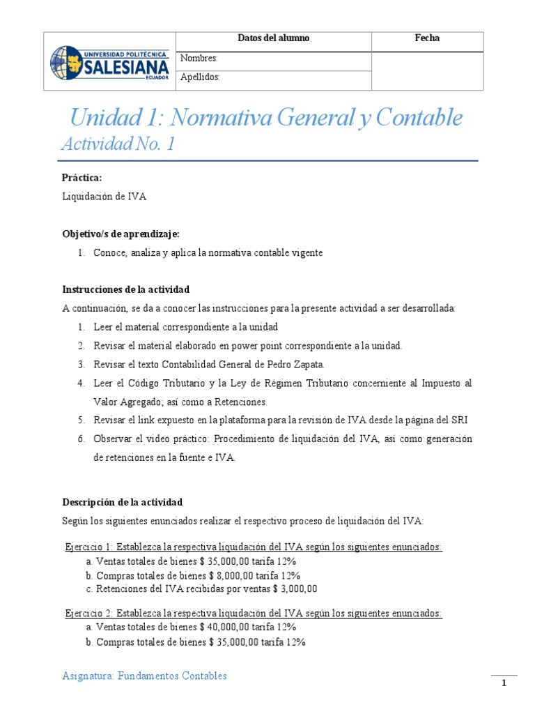 Actividad Unidad 1 Procesos Contables | PDF | Contabilidad | Impuesto al valor agregado