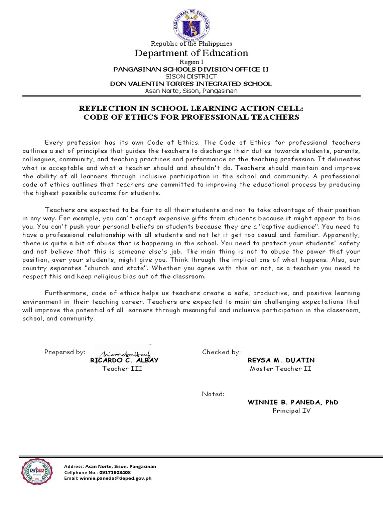 REFLECTION Code of Ethics | PDF | Teachers | Learning