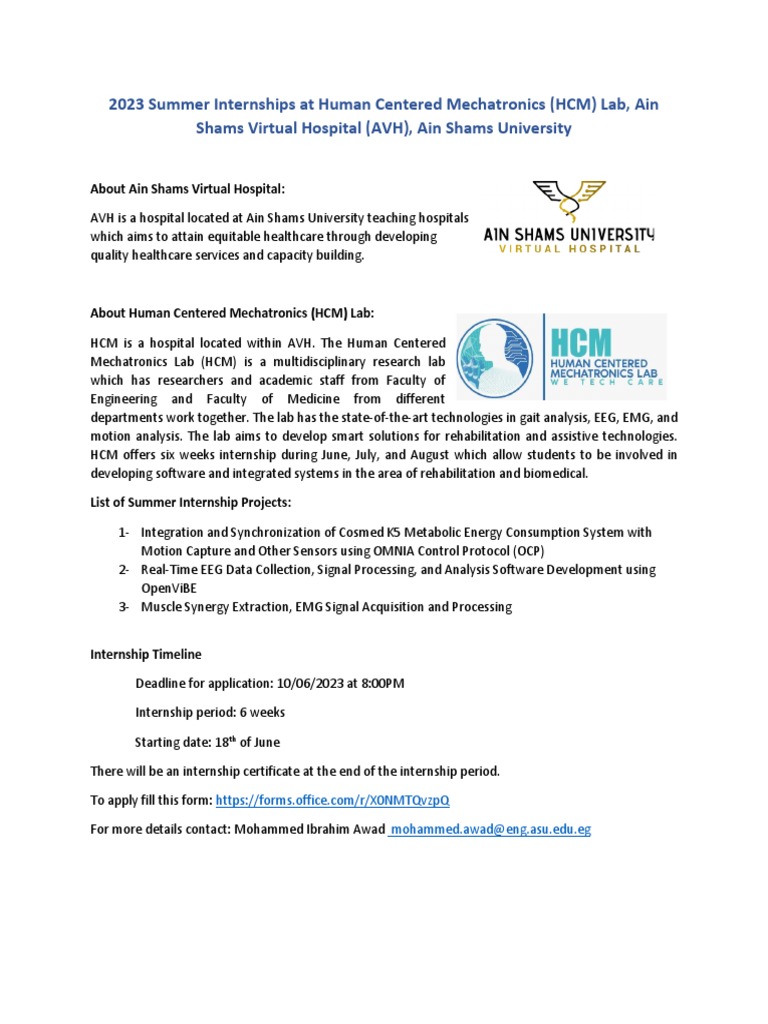 2023 Summer Internships at Human Centered Mechatronics Lab - CE | PDF