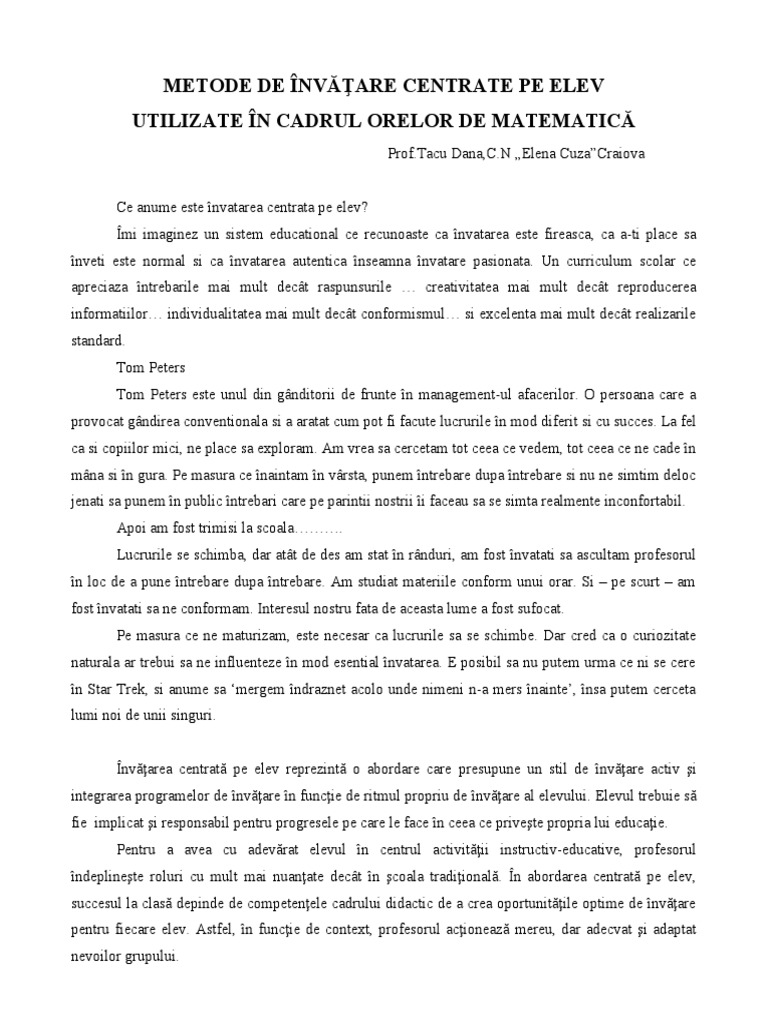 Metode de Invatare Centrate Pe Elev Utilizate in Cadrul Orelor de ...