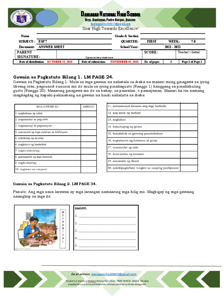 Answer Activity Sheets G7esp w7&8 | PDF