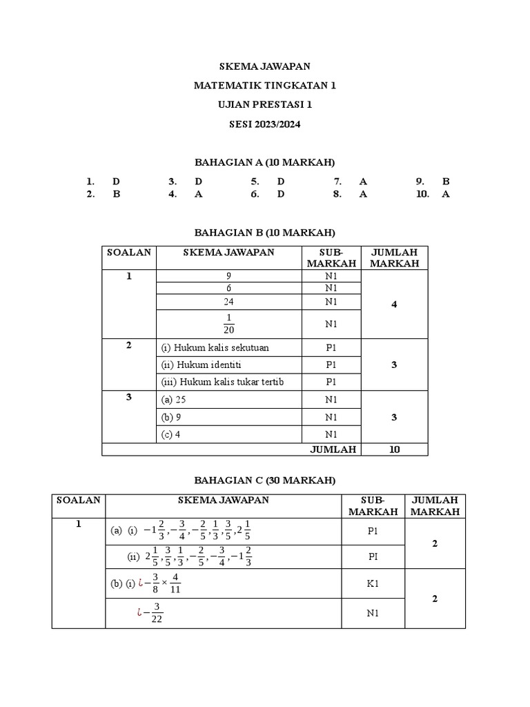 Skema Jawapan Math Up1 2023 | PDF