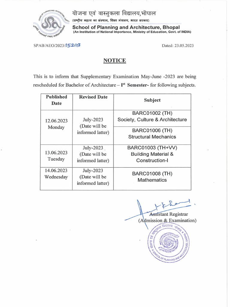 Notice of Reschedule Suppl. Exam-I Semester | PDF