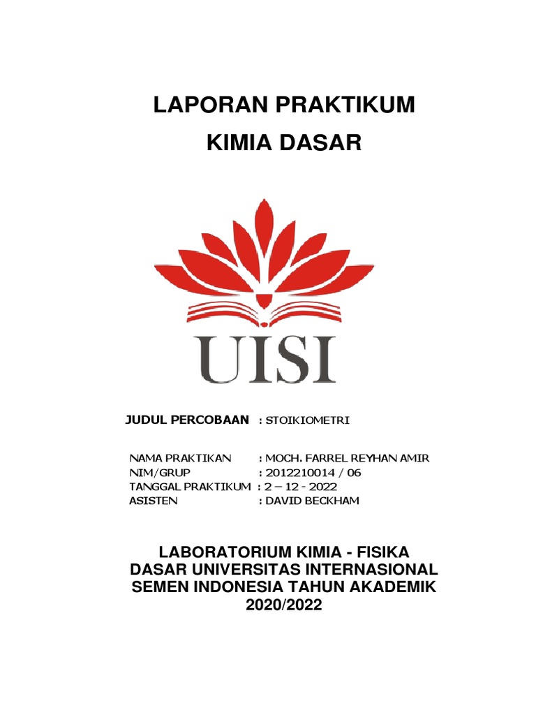 Laporan Stoikiometri - Moch Farrel Retyhan Amir - 2012210014 | PDF | Sains & Matematika