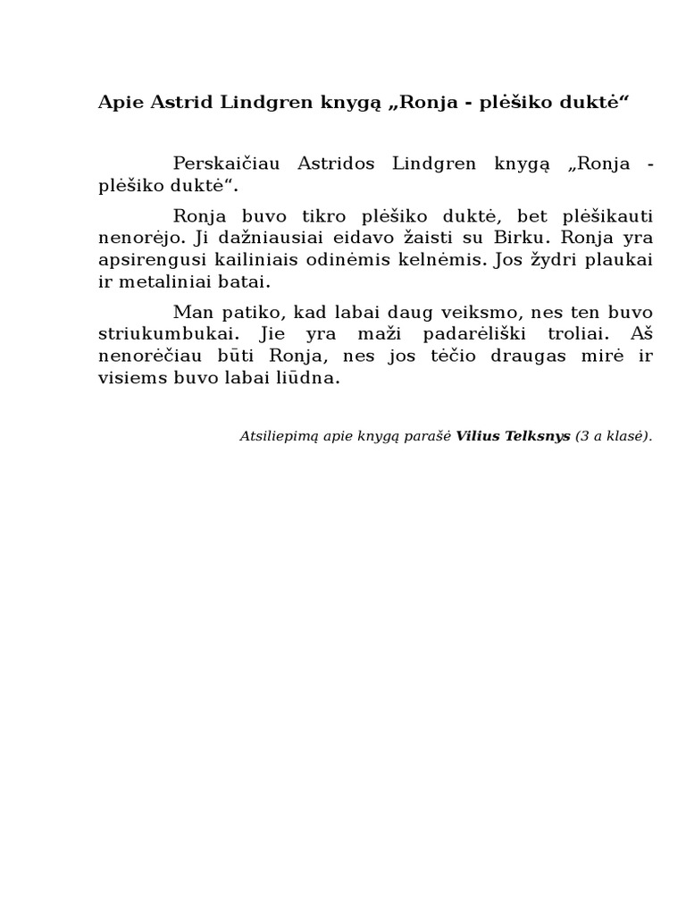 Apie Astrid Lindgren Knygą Ronja Plėšiko Duktė" | PDF